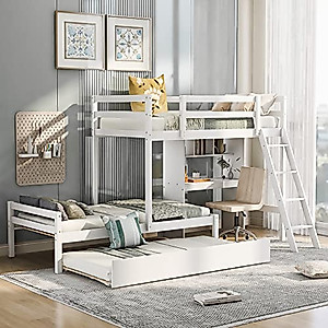 MOEO Twin Over Twin Bunk Bed with Trundle and Ladder for Kids, Adults, Wooden Bunkbed Frame w/Convertible Built-in Desk & Down Bed, Save Space, No Box Spring Required, White
