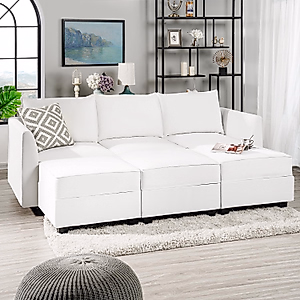 Naomi Home Elizabeth Modular Sofa Sectional Sleeper Couch with Ottoman Linen - 6-Seater Sofa with Storage Seat - Convertible Sectional Sofa Couch Bed for Living Room - White