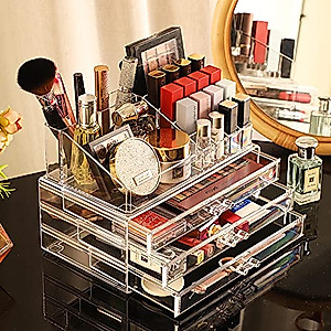 Cq acrylic 2 Pack Clear Skincare Organizer for Vanity,Stackable 3 Drawers Make Up Organizers,Cute Cosmetic Organizer for Vanity Jewelry,Hair Clip,Beauty,Skincare Product Dresser Acrylic Desk Organizer