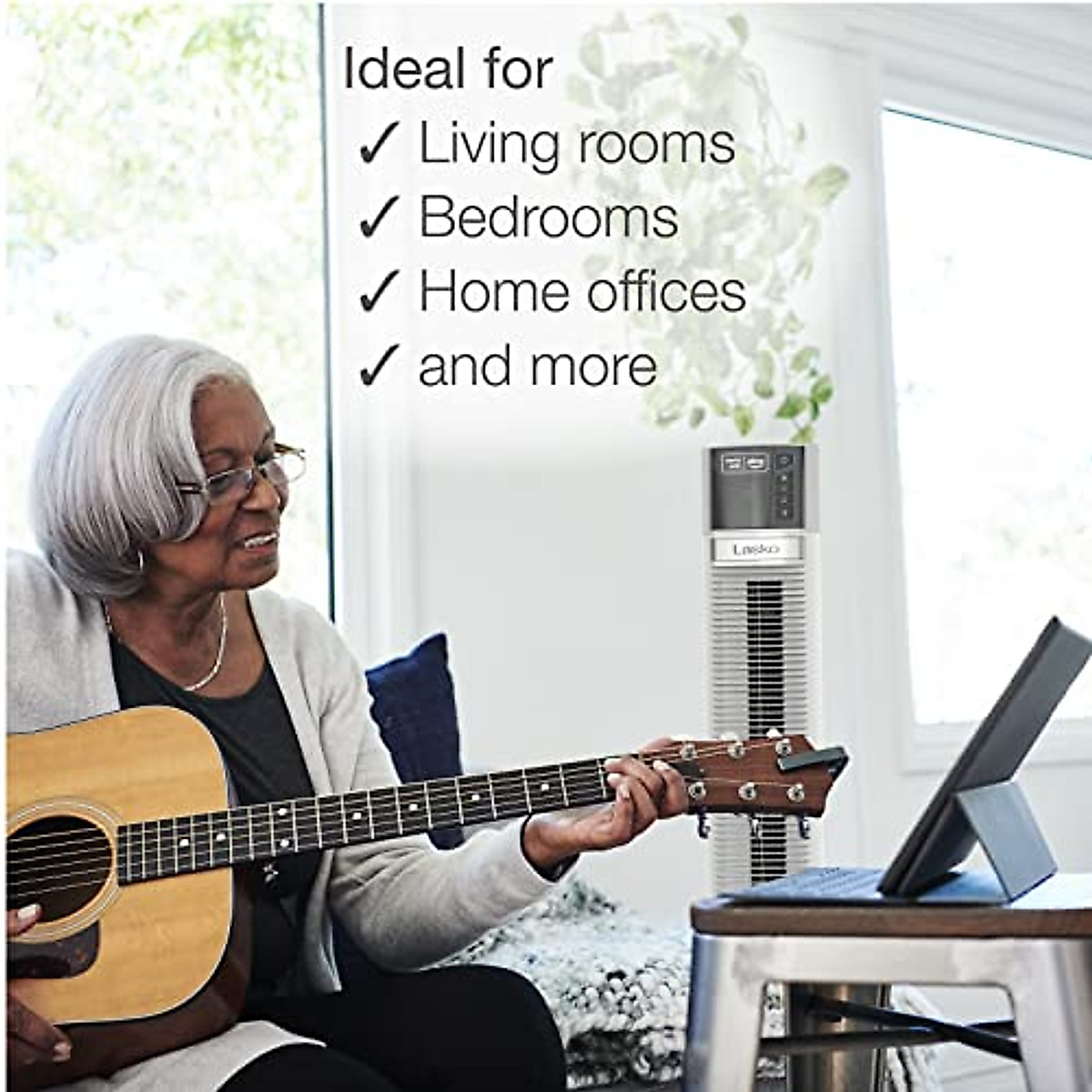 Lasko Works with Alexa Oscillating Tower Fan, Voice Controlled, 4 Quiet Speeds, Sleep Mode, Timer, Bedroom, Living Room, 48", White, T48401