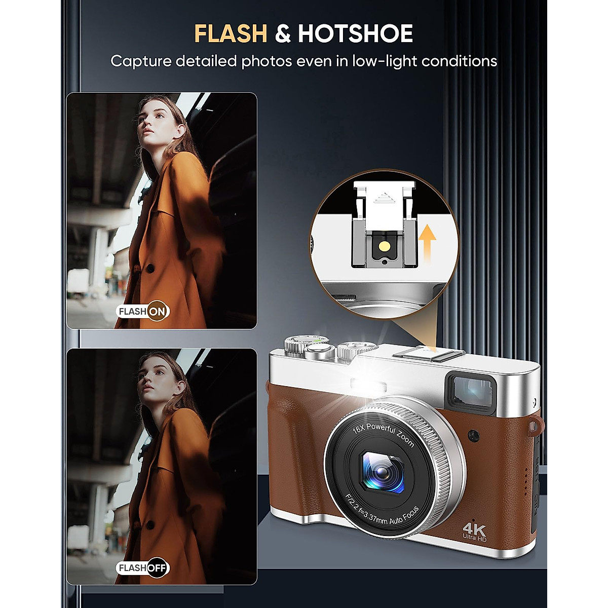 NEZINI 4K Digital Camera,Auto Focus 48MP Vlogging Camera for YouTube and Anti-Shake Video Camera with Viewfinder Flash & Dial,16X Zoom Travel Portable Camera with 32GB Card,2 Batteries