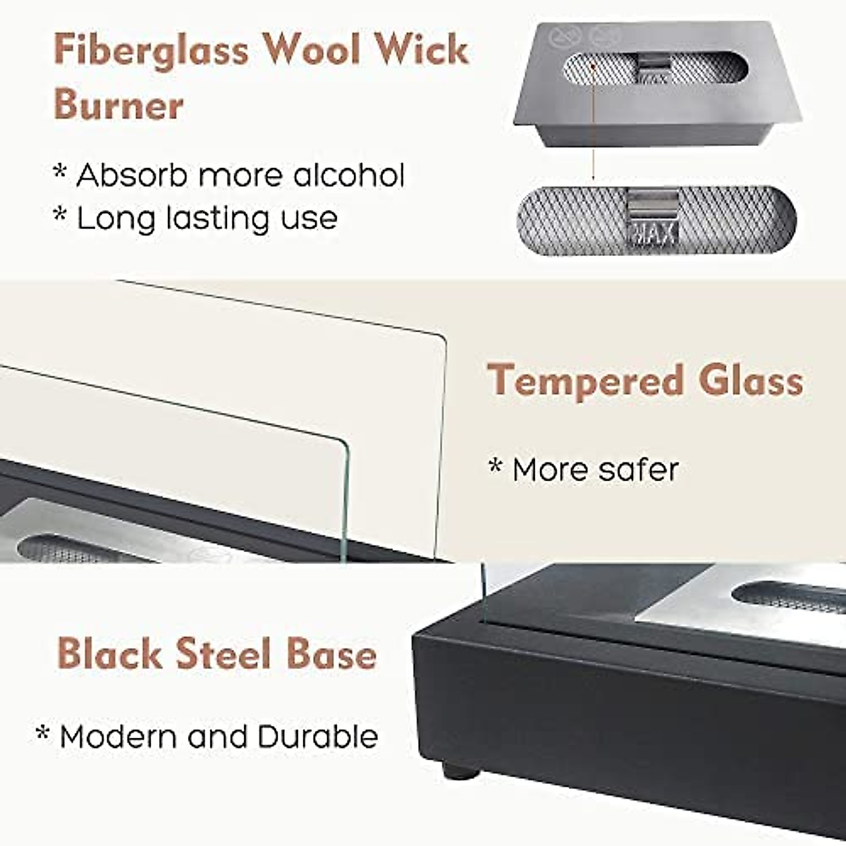 JP Outdoor Tabletop Fireplace, Portable Rectangle Ventless Black Fire Pit Bowl Pot Indoor Outdoor, Bio Ethanol Clean Burning