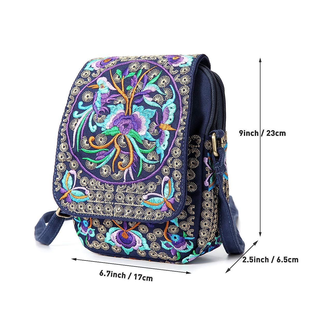 Embroidered Small Canvas Crossbody Bag Cell Phone Bag for Women Handmade Mini Shoulder Bag Wallet Bag Pouch(Blue)