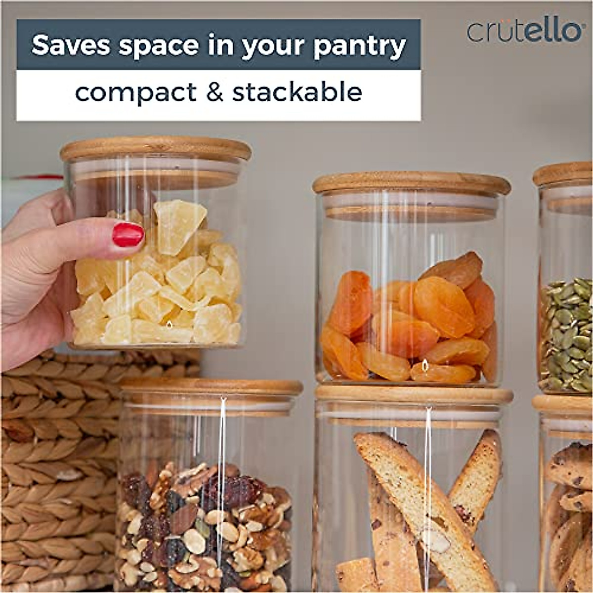 Crutello Glass Food Storage Containers with Bamboo Lids, 6 Pack - Three 26 Fluid oz and Three 23 Fluid oz Airtight Clear Kitchen Organization Canisters is an Family-Owned American Brand