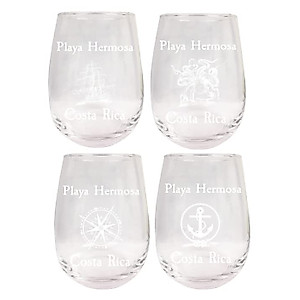 R and R Imports Playa Hermosa Costa Rica Souvenir 9 Ounce Laser Engraved Stemless Wine Glass Nautical Designs 4-Pack