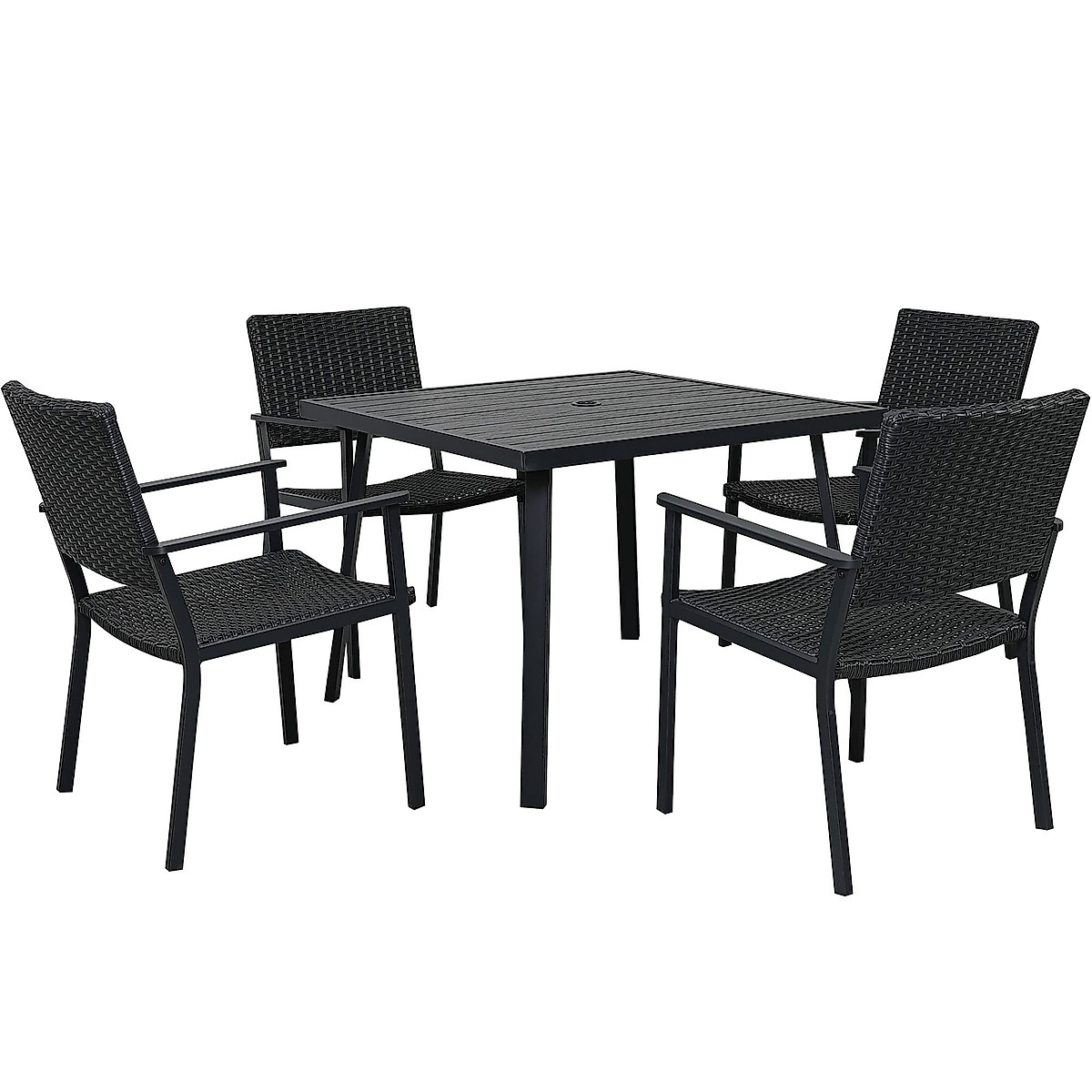Quarte Patio 5-Piece Dining Table Furniture Set,Outdoor PE Wicker Conversation Set with Umbrella Hole and 4 Dining Chairs,for Porch Lawn Garden Backyard Poolside