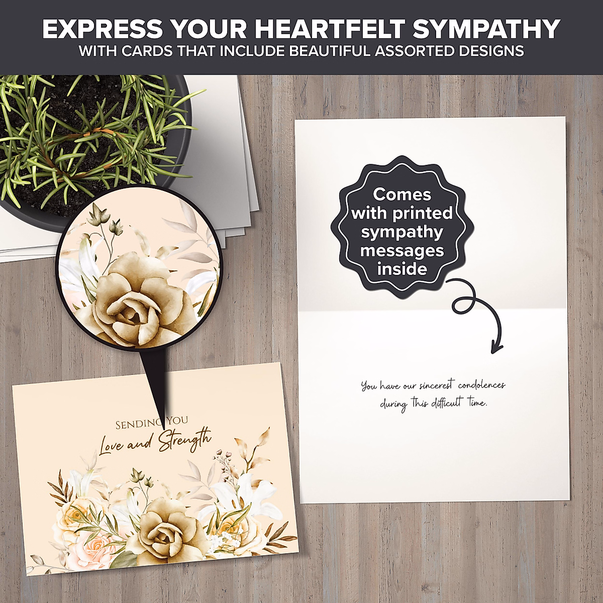 Decorably Assorted Cards with Envelopes & Stickers - 24 Pack Assorted Sympathy Cards with Envelopes, Printed Message Inside Sympathy Cards Assortment Box with Envelopes, 6x4in Pack of Sympathy Cards