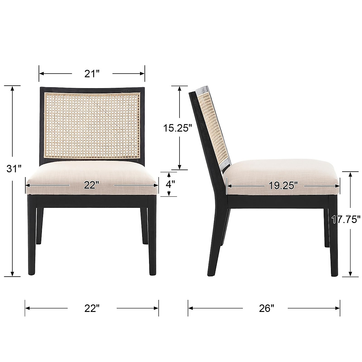 BESTANO Rattan Accent Chairs Mid Century Mordern Black Wooden Accent Armless Chair with Rectangle Cane Back Farmhouse Upholstered Patio Chairs for Living Room Bedroom Reading Indoor, Beige Linen