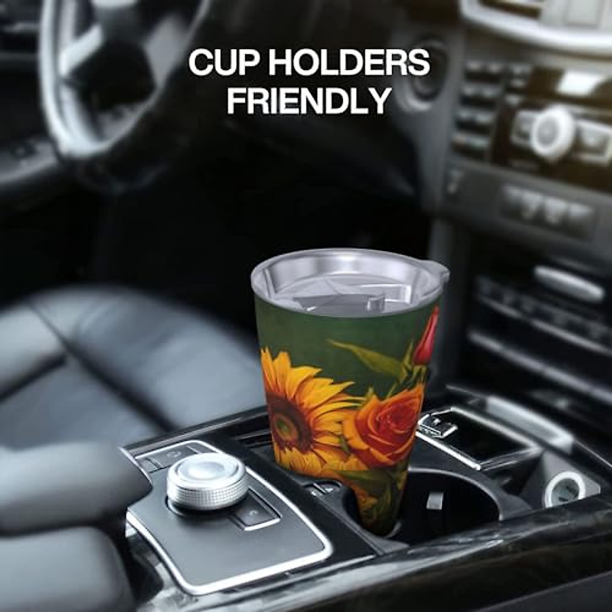 EKPRAVDKTF Sunflower And Rose 20oz Insulated Stainless Steel Tumbler With Lids And Straws, Double Wall Vacuum Travel Coffee Mug, Thermal Cup For Cold & Hot Drinks, Reusable Metal Straw & Brush