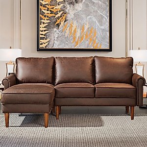 HOOOWOOO 81.51" L Shaped Couch Mid Century Modern Sectional Couch Brown Faux Leather Sofa with Left Chaise 3-Seater Rolled Arms Solid Wood Frame for Living Room Apartment,Chocolate Brown