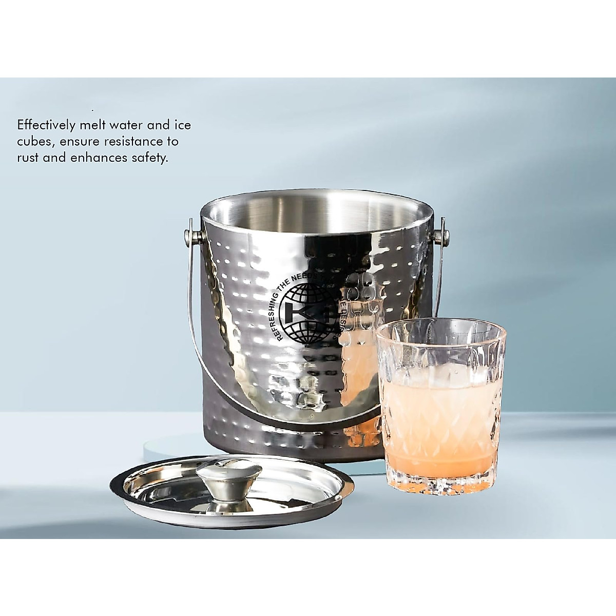 Ice Bucket With Lid, Insulated Hammered Ice Bucket for Cocktail Bar with Ice Tong, Double Walled Stainless Steel, 1.75 L, 1.84 Quarts, Ice Cold For 6 h with Handle (Silver Hammered)