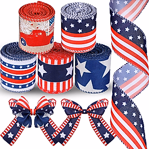 5 Rolls Star Wired Edge Ribbon 2.5 Inch Patriotic Ribbon Stars Stripes Satin Ribbon 4th of July Grosgrain Ribbon Halloween Thanksgiving Christmas Decoration for DIY Crafts Supplies Wreath Garland