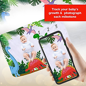 Baby Monthly Milestone Blanket for Boys and Girls 60 x 40 Inch Thick Fleece Baby Month Blanket with 2 Felt Frames Newborn Photography Prop Photo Blanket Moon and Star (Dinosaur)