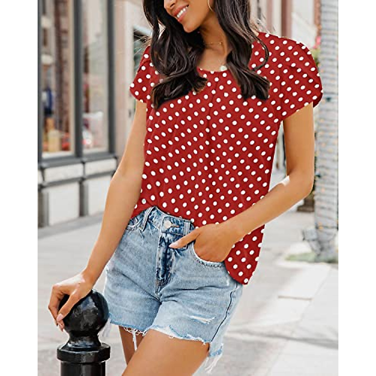 Women's Casual Round Neck Basic Pleated Business Tops Cap Sleeve Curved Keyhole Back Chiffon Blouse Red Polka Dots Small