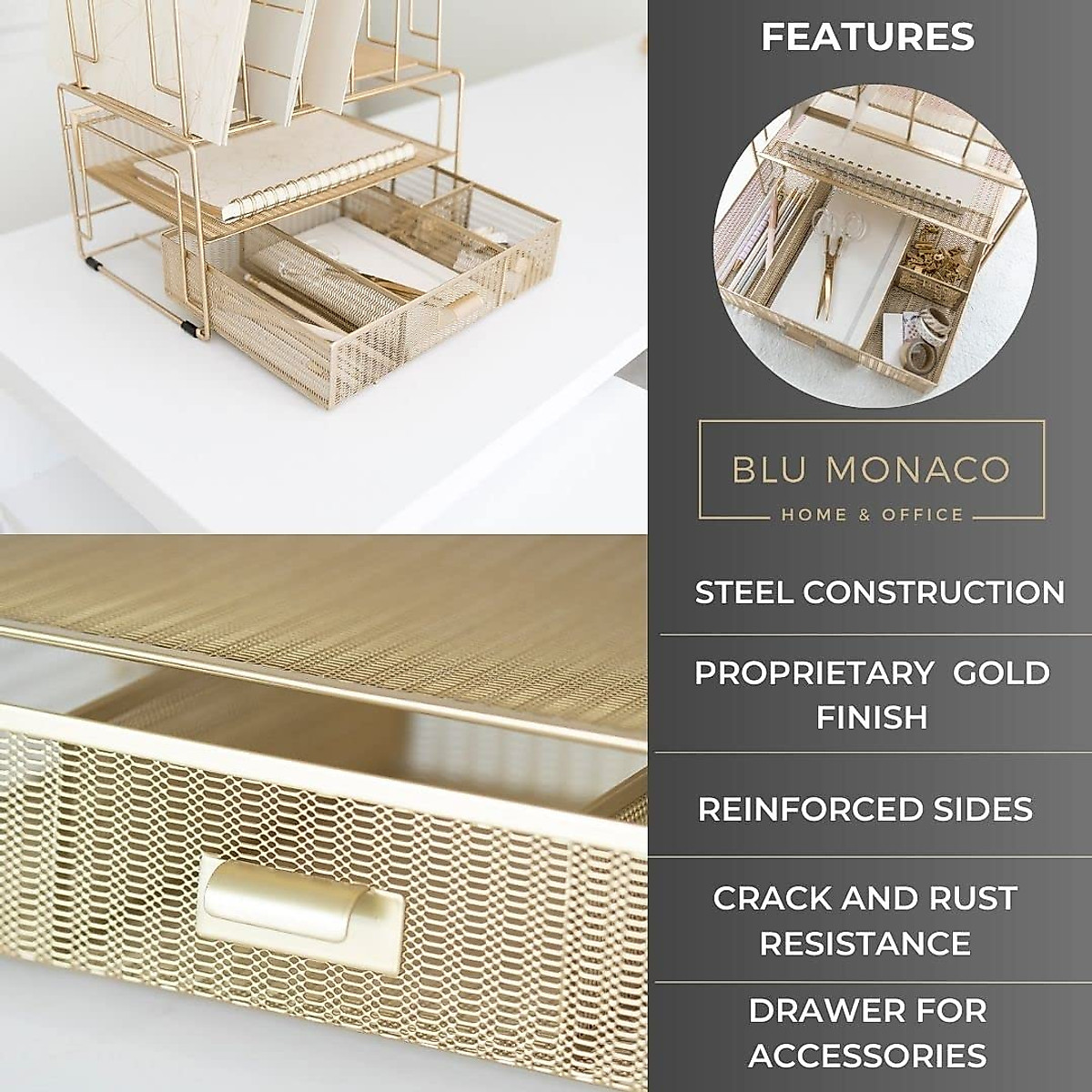 BLU MONACO Gold Desk Accessories and Workspace Organizers, Desktop Organizer - Cute File Organizer for Desk and Drawer Storage for Office Supplies, Paper, Device and Folders - File Holder