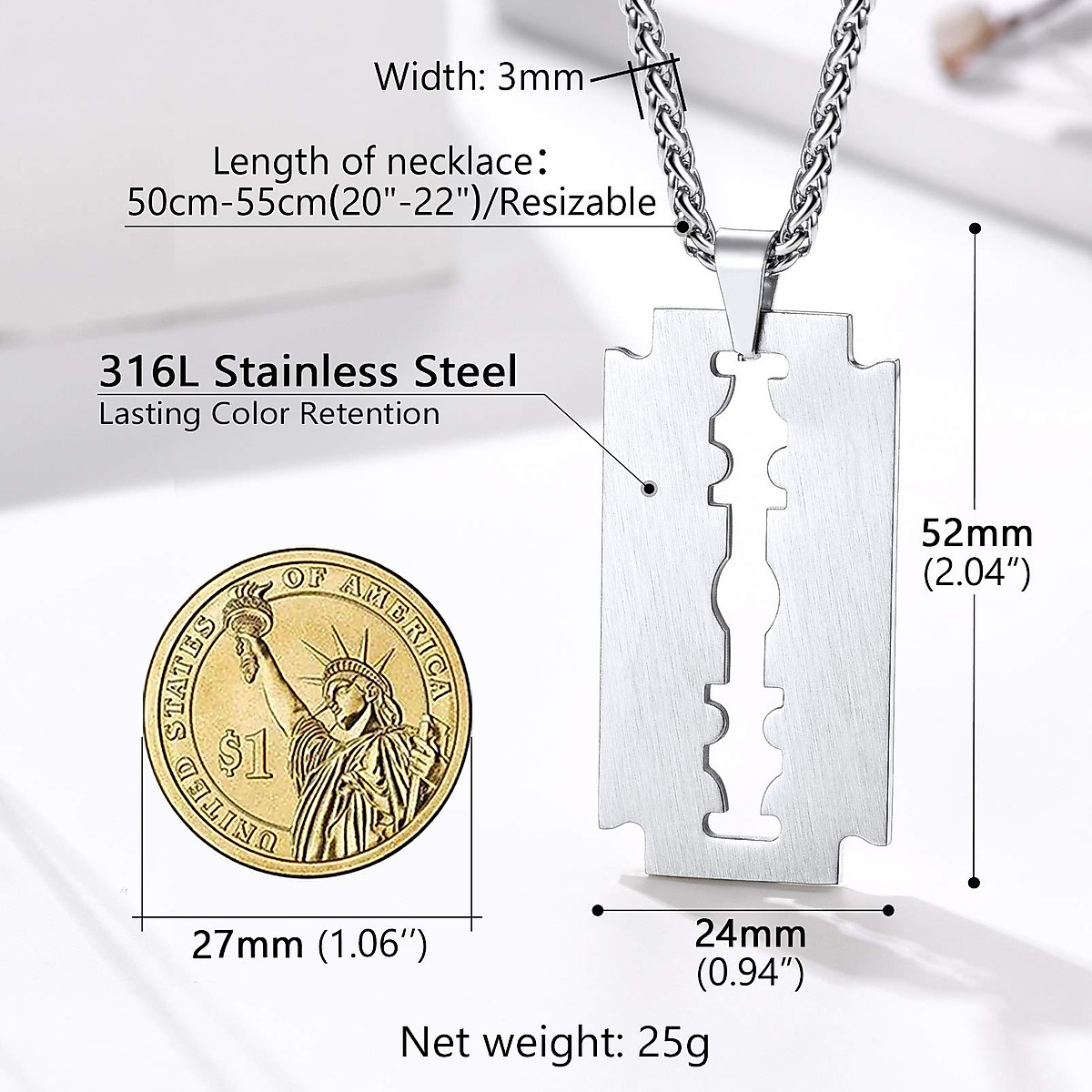 PROSTEEL Mens Chains Punk Dog Tag Pendant Necklaces Stainless Steel Razor Blade Necklace Chain for Men