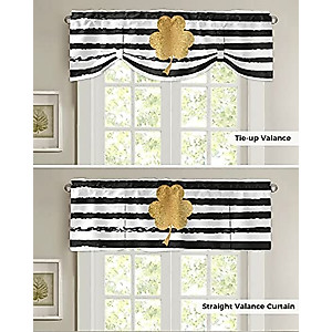 St Patrick's Gold Lucky Clover Leaves Tie Up Valance Curtain for Kitchen-Small Window Shade Valances Adjustable Rod Pocket Windows Treatment for Bathroom Black and White Stripes Line,1 Panel 42x18in