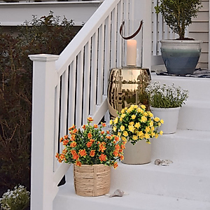 Rinlong 6Pcs Artificial UV Resistant Flowers Outdoor Fake Mums Plants Orange Plastic Flowers Plants Faux Flowers Fall Decor for Clearance Outdoor