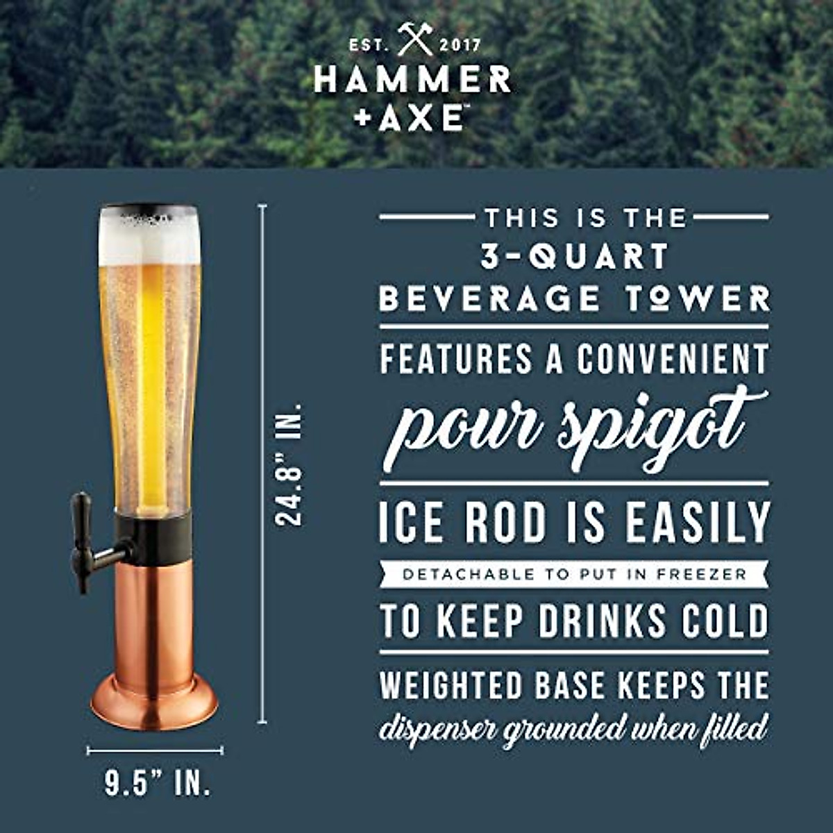 Hammer + Axe Beer Tower Drink Dispenser with Pro-Pour Tap and Freeze Tube to Keep Beverages Ice Cold, Perfect for Parties and Gameday, Home Bar Accessories, 2.75 Qt./2.6 L, Copper Finish, Holiday Gift