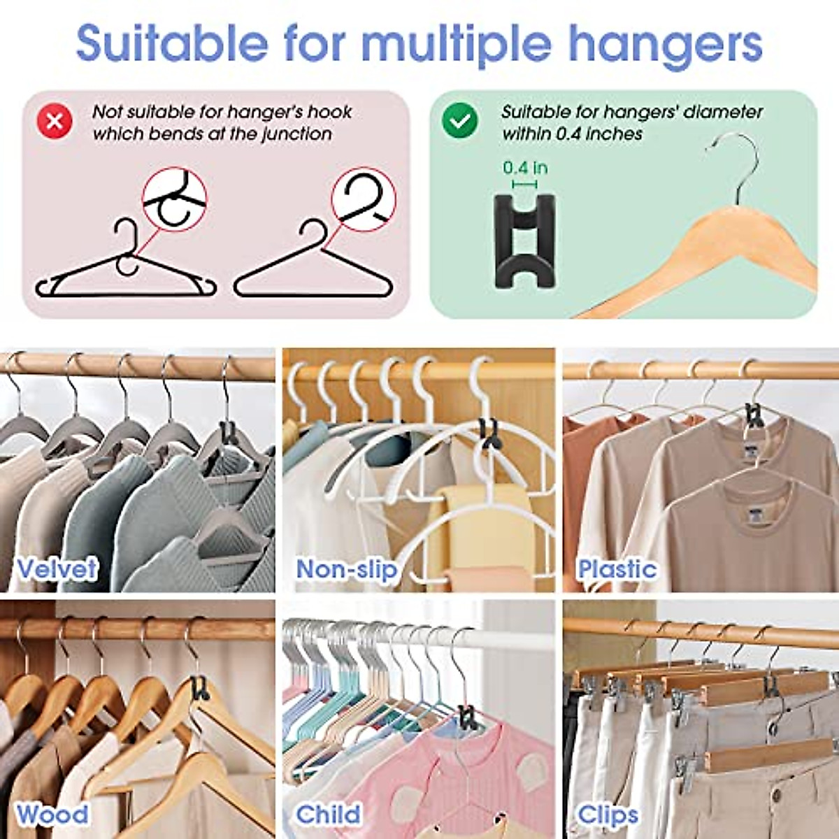 100Pcs Clothes Hanger Connector Hooks, Cascading Hangers Space Saving Plastic Hanger Hooks Space Saver Hanger Extender Clips for Velvet Wooden Plastic Metal Hangers Heavy Duty Clothes Closet, Black
