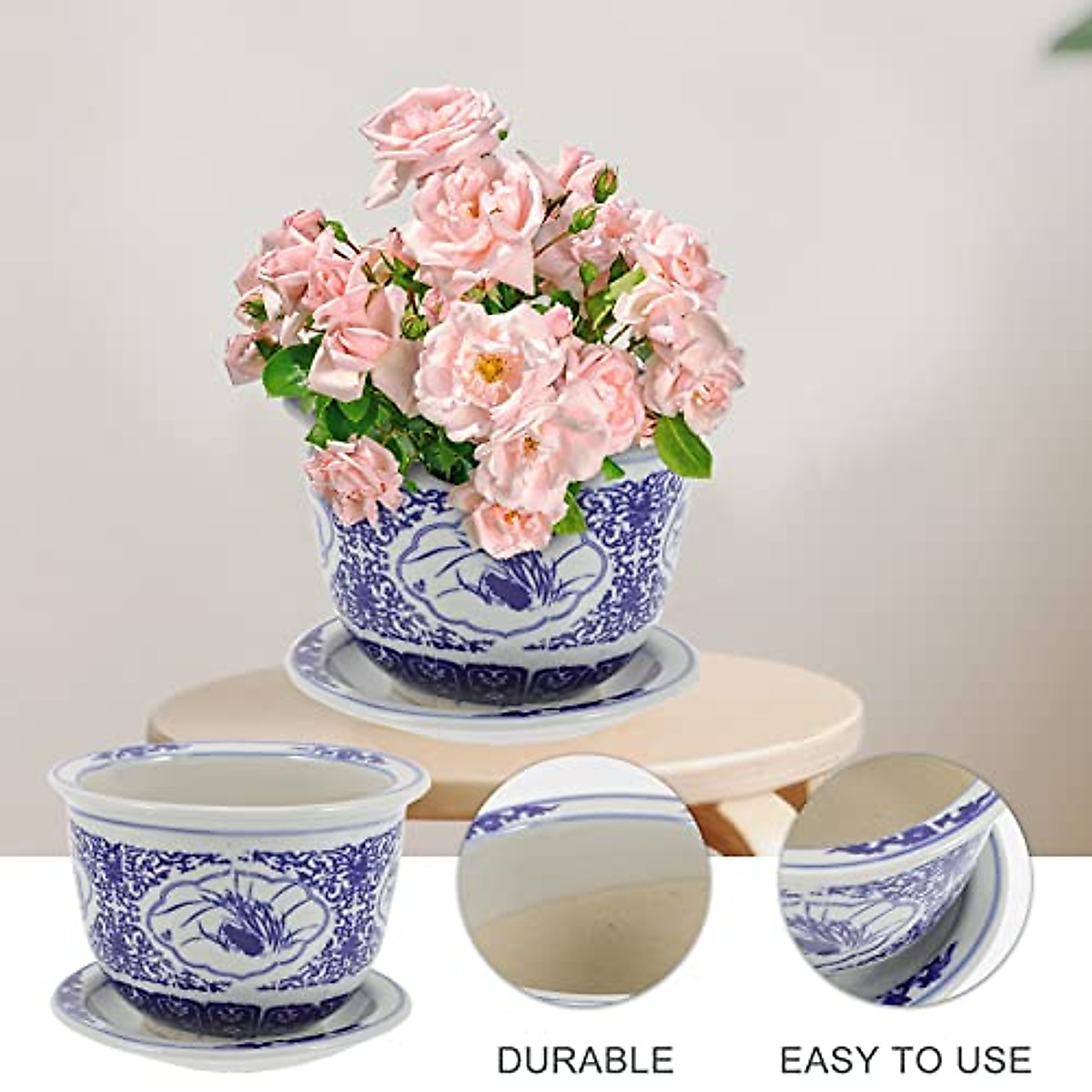 Yardwe Blue and White Planter Ceramic Planter Ceramic Flower Pots with Drainage Hole Plant Pots with Saucer Tray Plants Container for Bonsai Plants Flower Aloe Small Succulent Pots