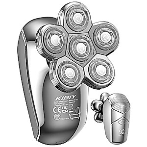 Electric Razor for Men, Kibiy Upgrade 5-in-1 Bald Head Shaver Cordless LED Mens Electric Shavers IPX7 Waterproof Wet Dry Rotary Shaver Grooming Kit with Beard Clippers, Type-C Charge (Sliver)