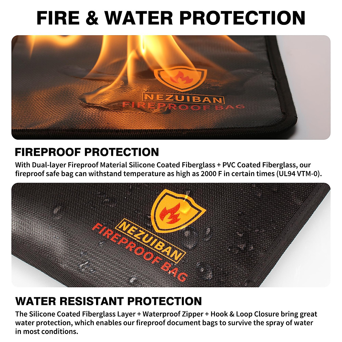 Fireproof Document Bag, 15.7" x 11.8" Extra Large Waterproof and Fireproof Money Bag for Documents,Passport,Cash,Jewelry