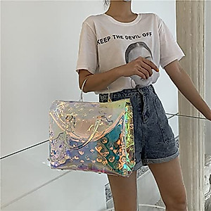 XinMaJiaSnail Women Holographic Tote Handbag Rainbow Colorful Clear Travel Bag Large Square Backpack