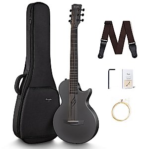 Enya Nova Go Carbon Fiber Acoustic Guitar 1/2 Size Beginner Adult Travel Acustica Guitarra w/Starter Bundle Kit of Colorful Packaging, Acoustic Guitar Strap, Gig Bag, Cleaning Cloth, String(Black)