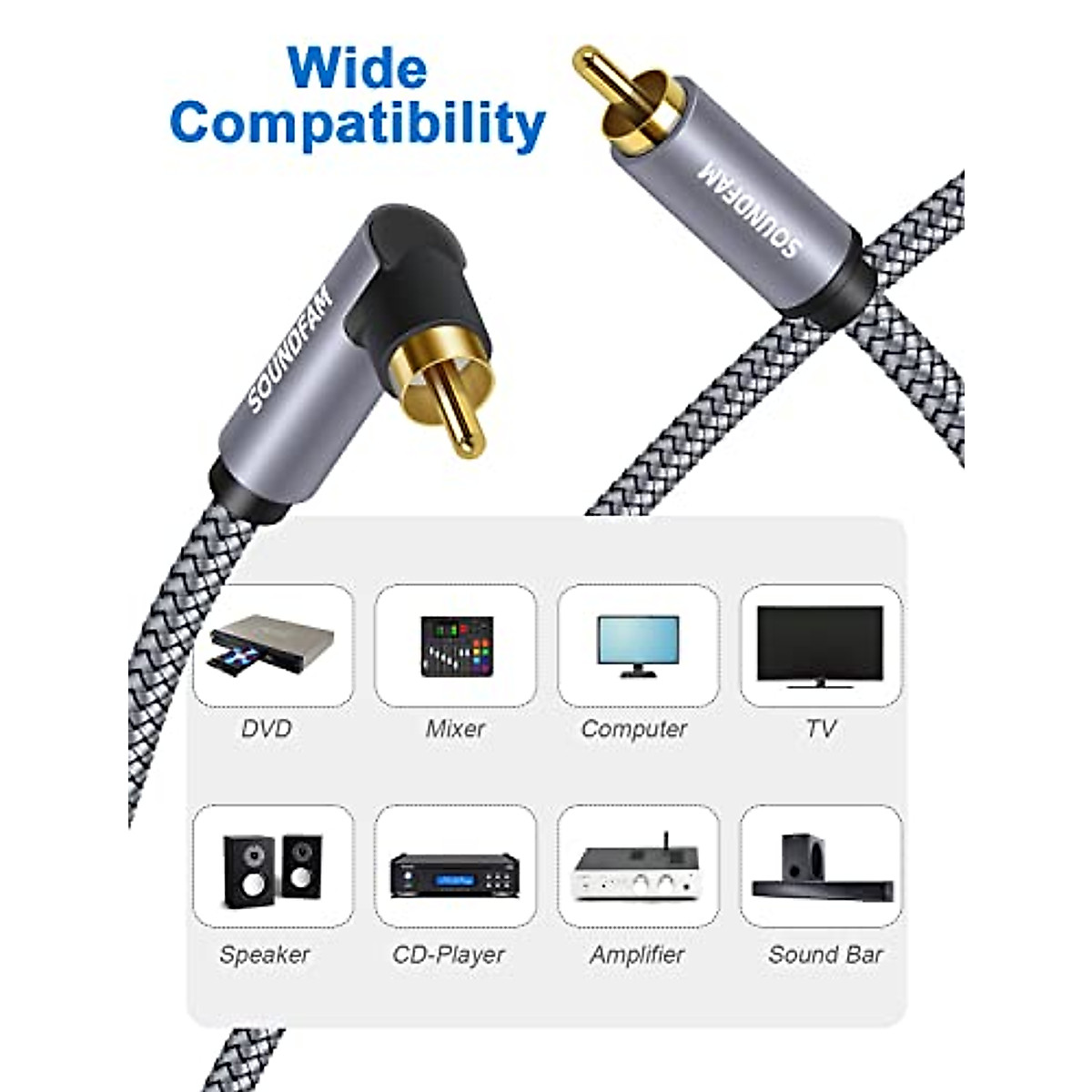 90 Degree RCA Cable SOUNDFAM Subwoofer Cable Right Angle Digital Coaxial RCA Cable Male to Male Vidio Audio Cable Gold-Plated Connectors for Home Theater, HDTV, Home Stereo and DVD- Grey (6.6ft/2m)