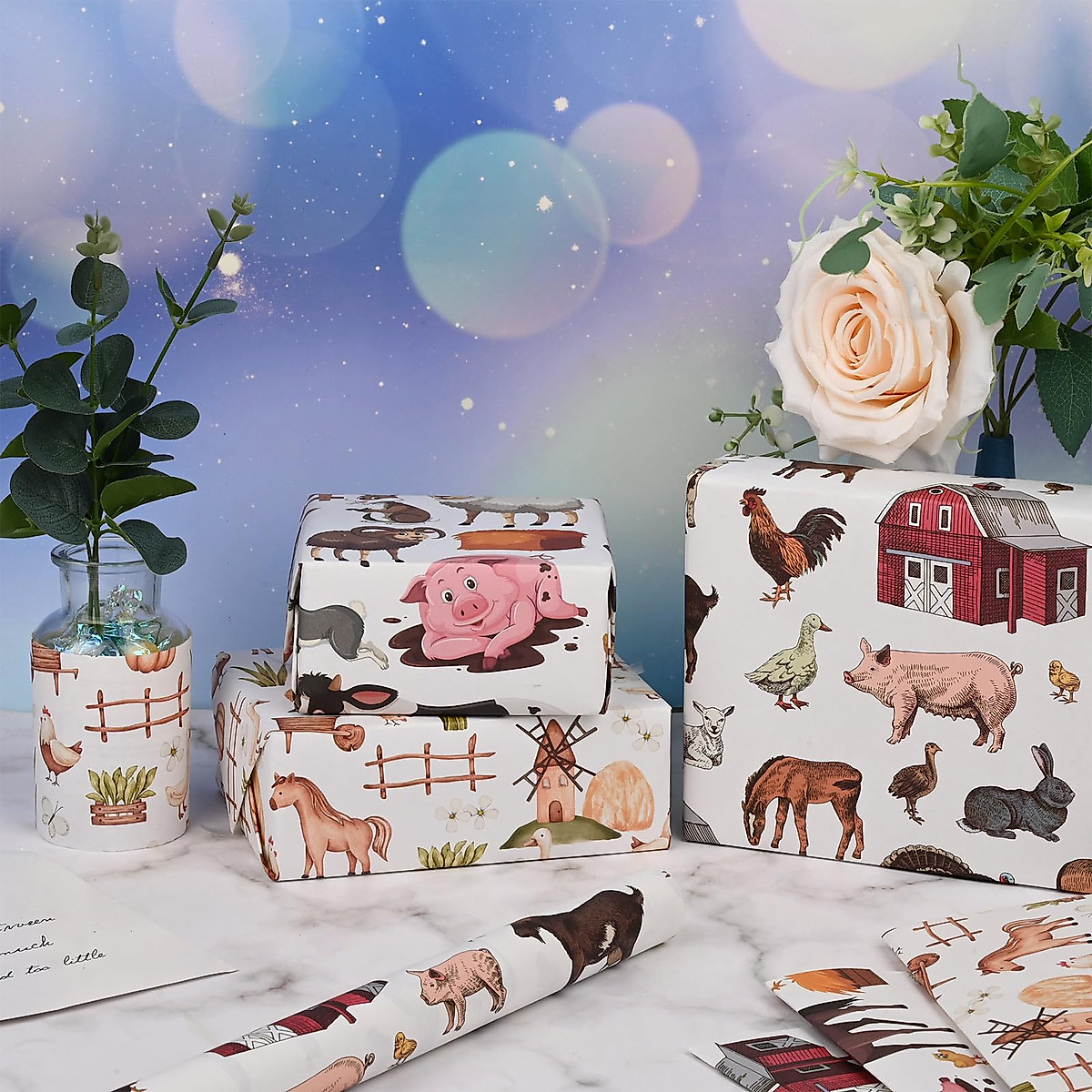 Bolsome 12 Sheets Red Barn Farm Animal Wrapping Paper Barnyard Gift Wrap Folded Wrapping Paper with Cow, Horse, Sheep, Goat, Pig, Duck, Chicken Pattern(20 inch x 28 inch sheet)