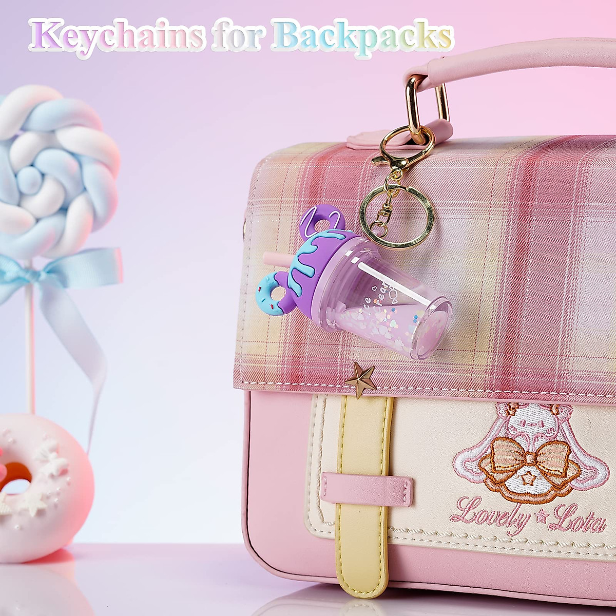 YOU WIZV Liquid Keychain, Kawaii Cute Boba Tea Water Key Chain for Backpacks, Aesthetic Donut Keychain for Girls, Kids,Women, Daughters, Boys（Purple Keychain）