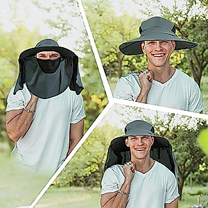 Fishing-Sun Hat Men UV-Protection Neck-Flap - Bucket Hat with Removable Face Cover & Neck Flap Wide Brim UPF 50+ Hiking Hat for Men and Women,Grey