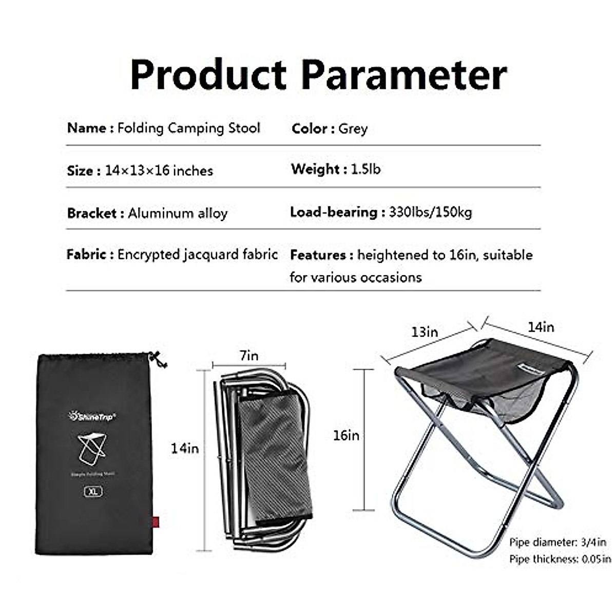 LFSEMINI Camping Stool, 16in Tall Large Size Folding Stool with Carry Bag, Aluminum Alloy Bracket, 1.5lbs Lightweight, Load Capacity to 300lbs, for Travel, Hiking, BBQ, Fishing, Beach(Grey)