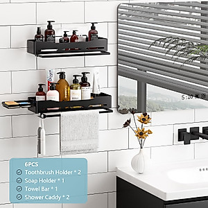 CLESOO Shower Caddy - 2 Pack No Drilling Adhesive Shower Rack with Soap Holder & 2 Toothbrush Holder - Rustproof Large Capacity Shower Organizer with Towel Rack for Bathroom, Kitchen Storage