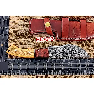HUNTEX Handmade Exposed Hand-Forged Ladder Pattern Damascus Steel 10 Inch Long Full Tang Oak Wood Handle Razor Sharp Hunting Camping Tracker Knife w/Genuine Leather Pouch