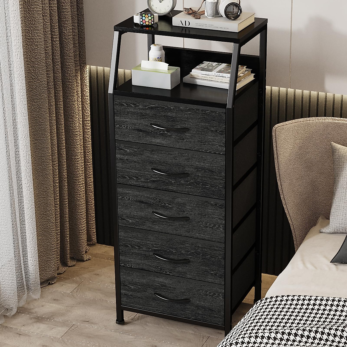 Black Dresser for Bedroom, Storage Organizer with 5 Drawers, Vertical Fabric Storage Tower, Clothes Closet Units for Kids Room, Entryway, Nightstand Bedside Table, Sturdy Steel Frame & Wooden Top