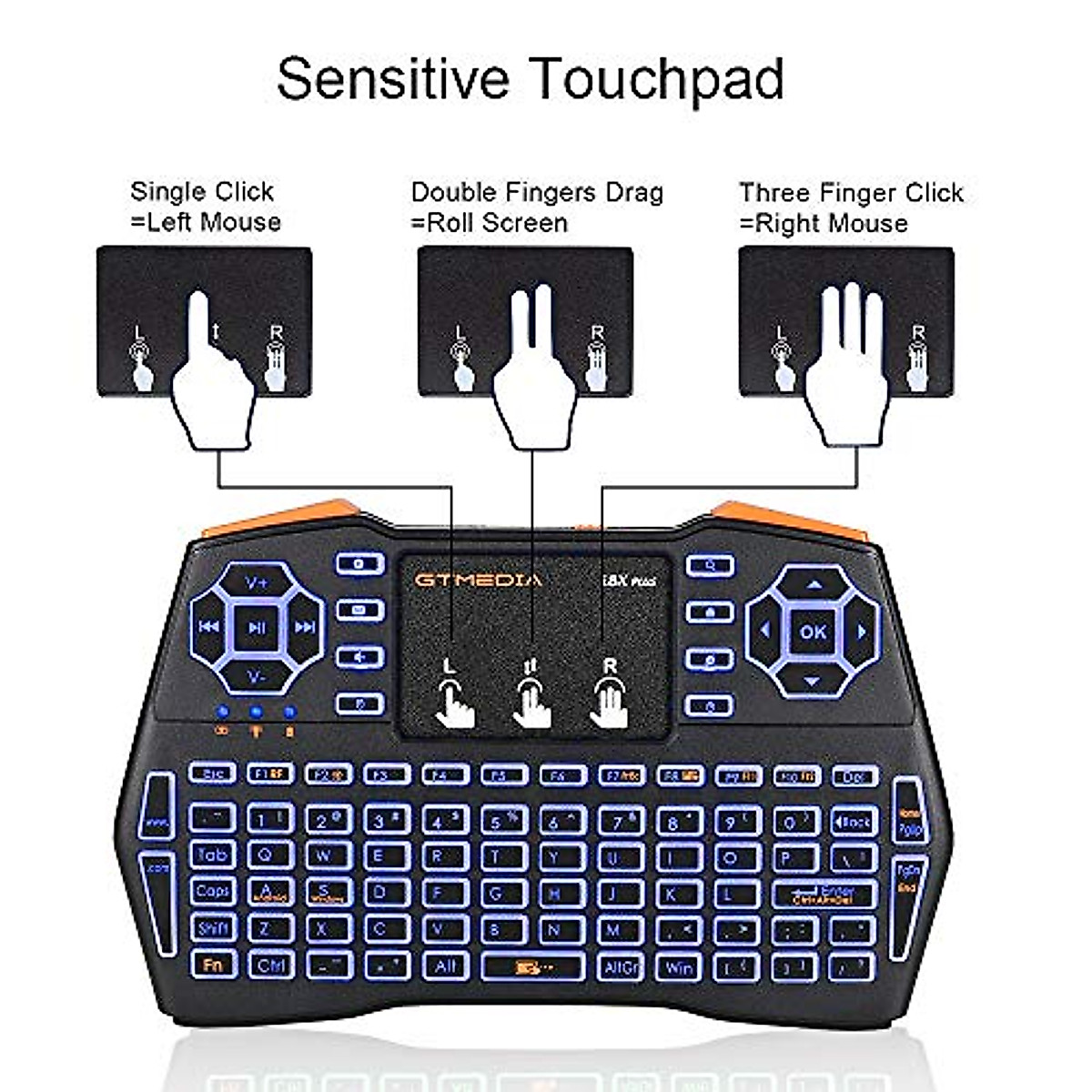 GTMEDIA 2.4G Mini Wireless Keyboard with Touchpad, USB Rechargeable Backlit QWERTY Keypad Remote Controller 92 Keys Gaming Mouse Combo for Laptop/Smart TV