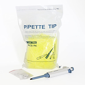 ULAB Single Channel Pipettor with Pipette Tips Offered, 1pc of Adjustable Volume Micro Pipette with Vol.Range.20-200μl, 1000pcs of Vol.200μl Pipette Tips in Yellow Color, ULH1020