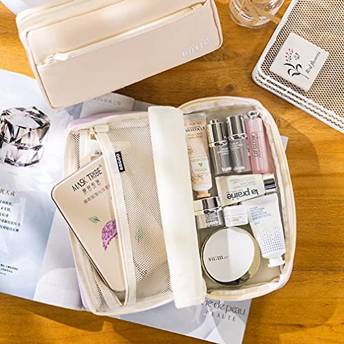 iSuperb Big Capacity Pencil Case Large Pencil Pouch Passport Bag Zipper Stationery Storage Cosmetic Makeup Bag Organizers for Women (Beige)