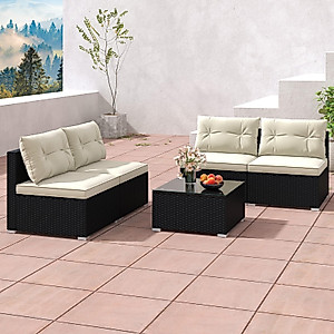 Tangkula 5 Piece Rattan Sofa Set, Patiojoy Outdoor Wicker Furniture Set with Seat & Back Cushions, Square Coffee Table, Patio Sectional Sofa Set for Backyard, Poolside, Garden
