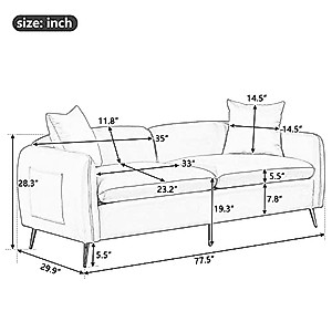 Voohek Velvet Upholstered w/Armrest Pockets, 2 Throw Pillows and Golden Metal Leg for Living Room, Apartment, Bedroom, Office, 3-Seater Sofa, Gray