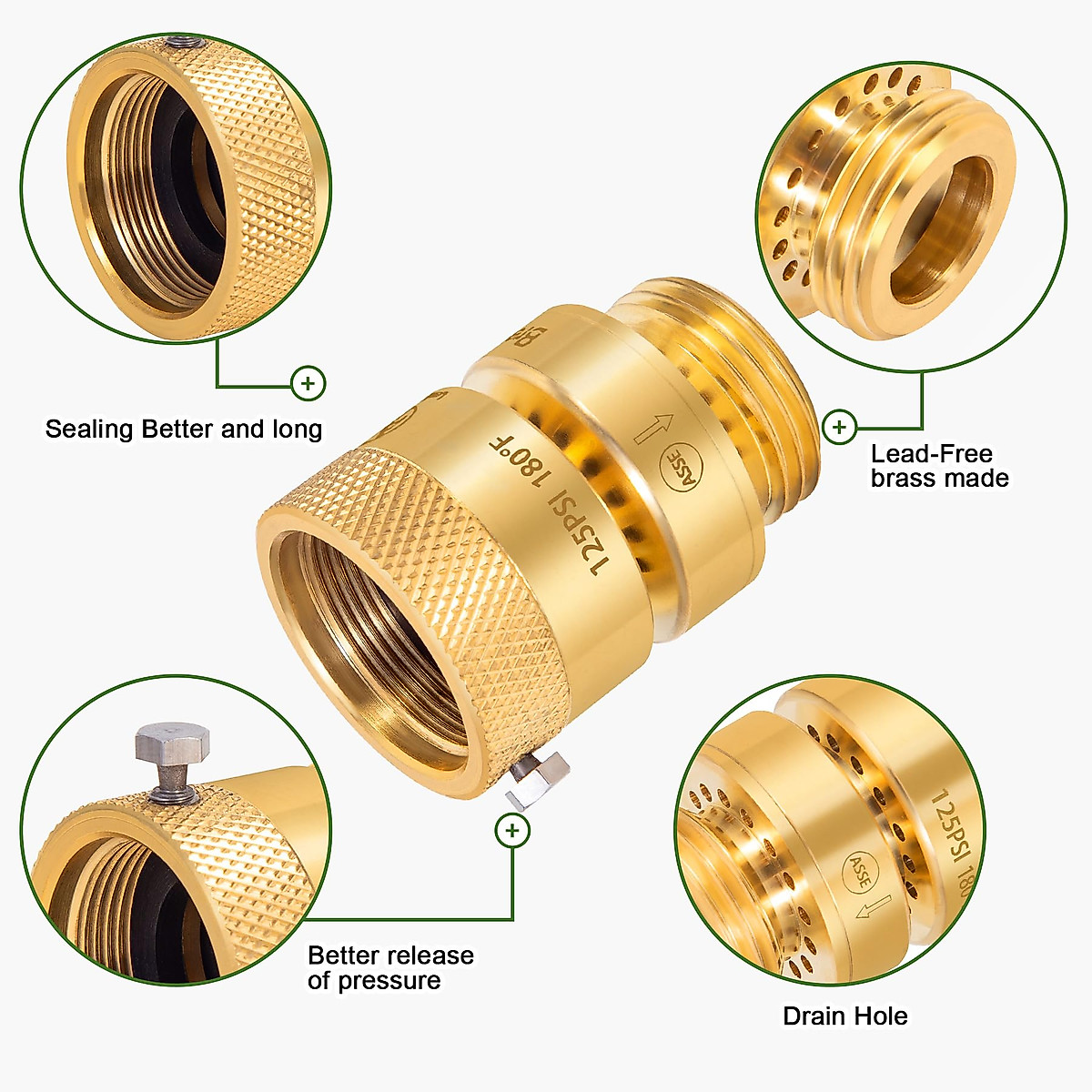 PK1390 Replacement Self Draining Vacuum Breaker,1-1/16" Fine Thread Female to 3/4" GHT Thread Male Hose Bib Backflow Preventer Lead-Free Brass