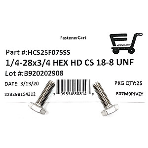 1/4-28x3/4 Stainless Steel Hex Cap Screws FT Hex Bolts 18-8 (UNF) FINE THREAD (25 pcs)