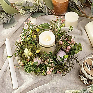Easter Candle Holder with Pastel Eggs and Mixed Flowers Hurricane Candlestick with Glass Screen Cover Spring Candleholder Small Wreath Candlestick Centrepiece Table Top Decoration Easter Ornaments