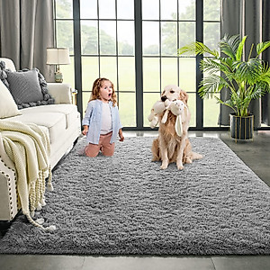 Kimicole Grey Area Rug for Bedroom Living Room Carpet Home Decor, Upgraded 7x10 Cute Fluffy Rug for Apartment Dorm Room Essentials for Teen Girls Kids, Shag Nursery Rugs for Baby Room Decorations