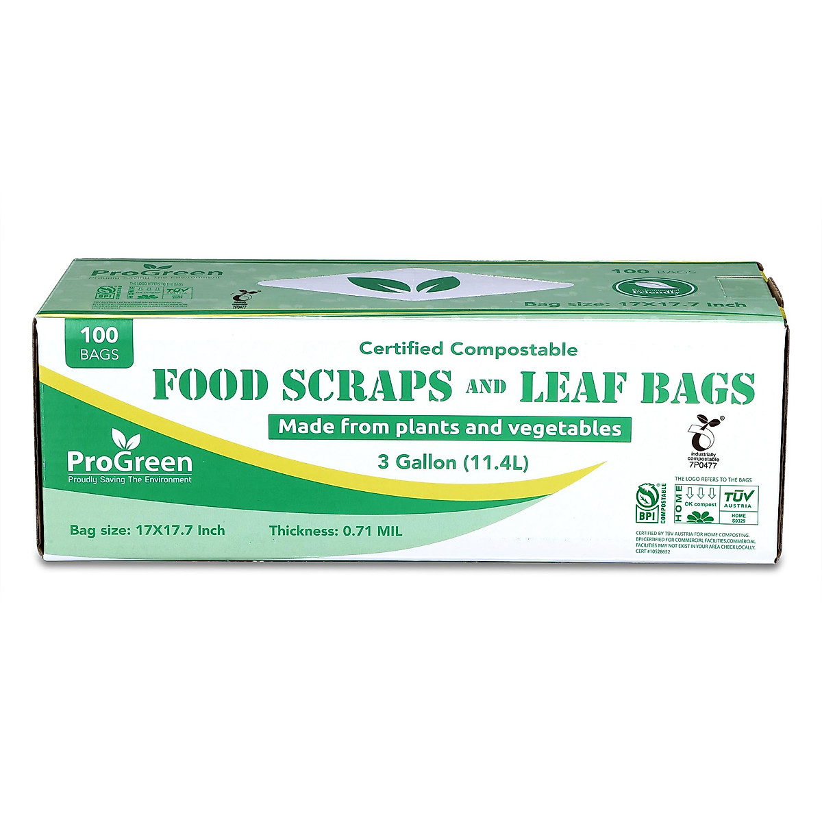 ProGreen Compostable Trash Bags 3 Gallon, Extra Thick 0.71 Mil, 100 Count, Small Kitchen Compost Bin Bags, Food Scraps Yard Waste Bags, Compost ASTM D6400 BPI and TÜV AUSTRIA Certified