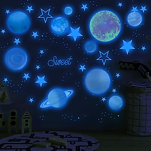 Blue Glow in The Dark Solar System Wall Decals,158 pcs Ceiling Light Stars and Moon Decoration, Planet Decor for Kids Boys Bedroom, Starry Sky Stickers for Nursery