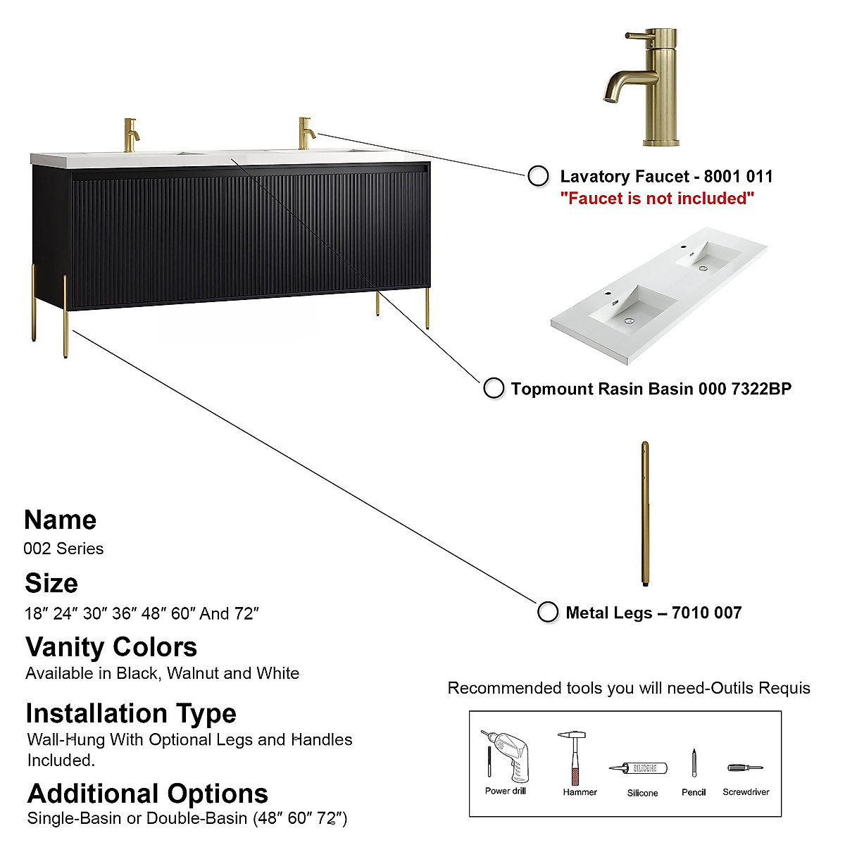 Dowell 72“ Fluted Design Vanity Set – Modern Bathroom Cabinet with Soft-Close Door & Shelf.Charcoal- 002 72 02V