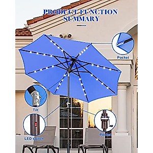 Zersun 9 FT Outdoor Patio Umbrellas with 32 Solar Lights 8 Ribs/Tilt Adjustment and Crank Lift System - LED Table Umbrella Outdoor Patio for Garden, Deck, Backyard, Pool and Beach - Navy Blue
